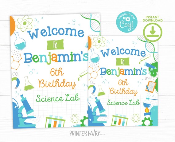 Science Birthday Party Welcome Sign, EDITABLE, Science Theme Party ...