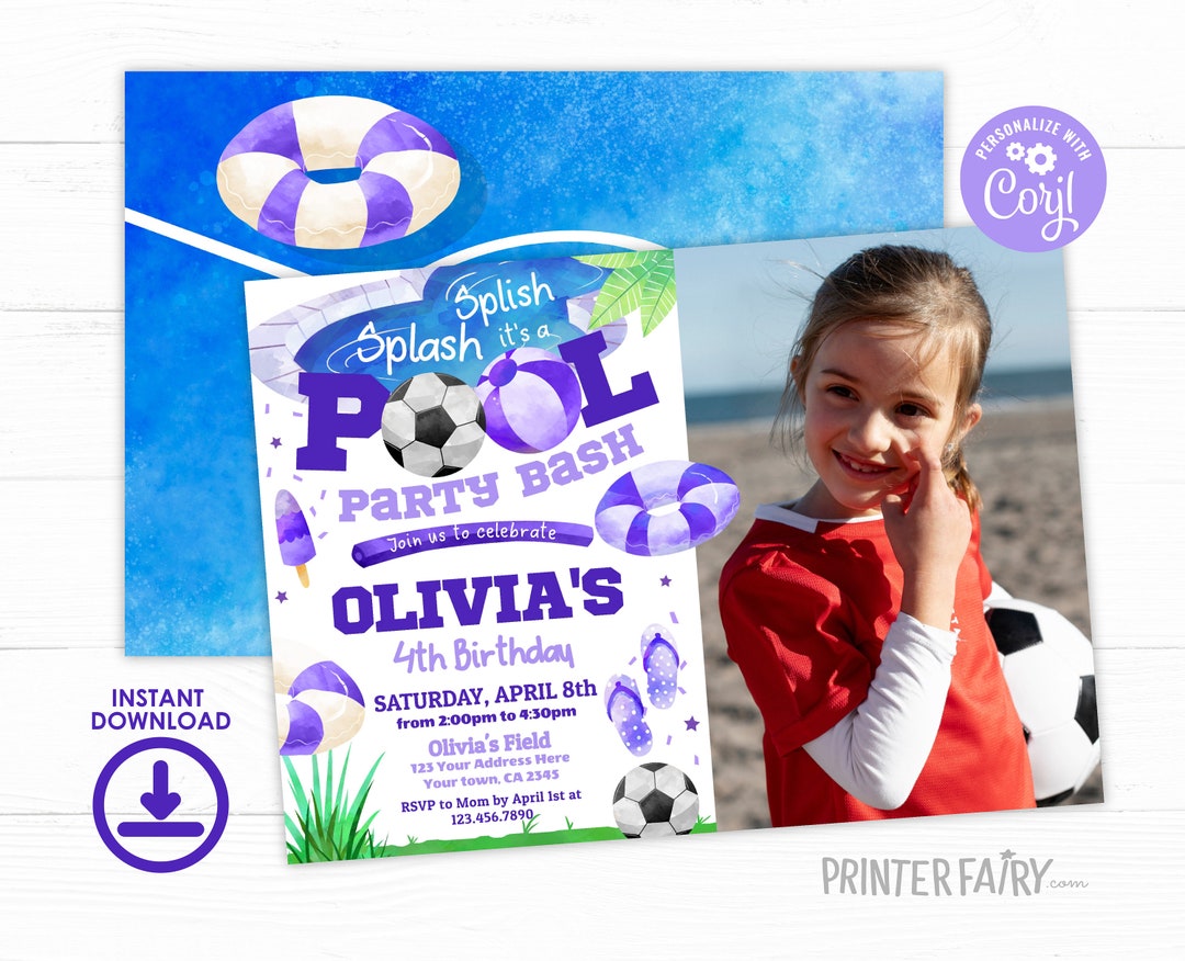 Soccer Pool Birthday Party Invitation With Photo, Editable, Sports ...