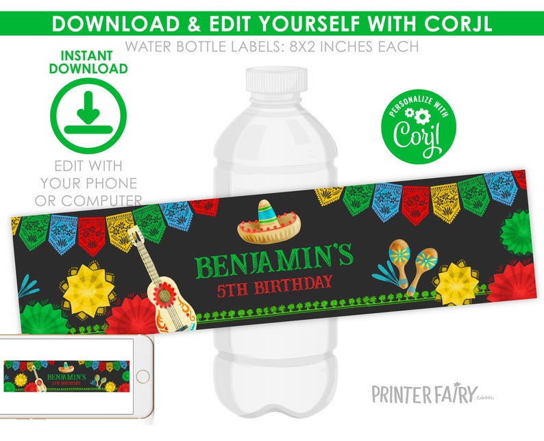 Fiesta Birthday Party Water Bottle Label Editable Mexican - Etsy