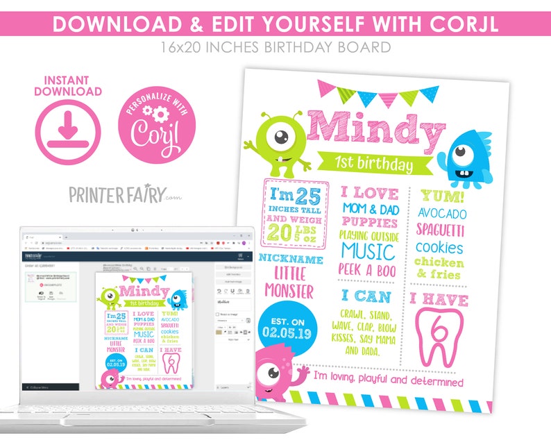 Little Monster First Birthday Board EDITABLE Monsters Party - Etsy