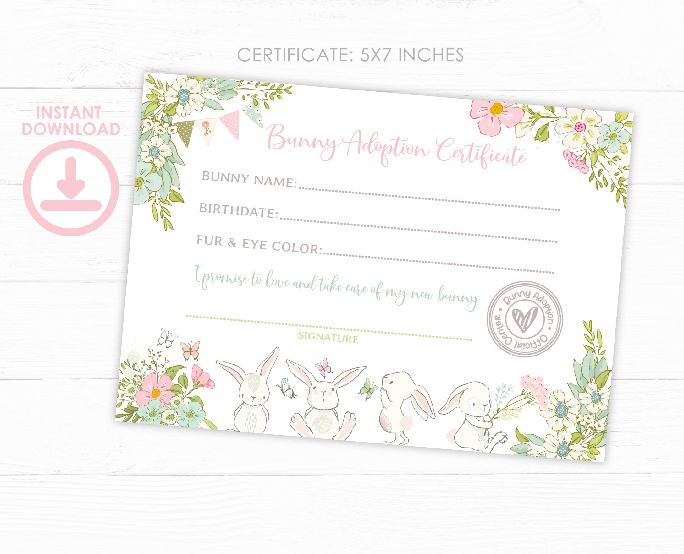 Bunny Adoption Party Sign and Certificate Ready to Print, INSTANT ...