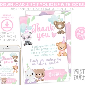 Bear Birthday Thank You Card, Printable, Bear-y Fun Birthday, Bears ...