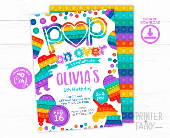 Pop it Birthday Invitation, EDITABLE, Popit Invitation, Girl Birthday ...