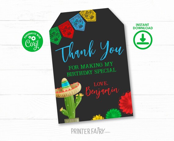 Fiesta Birthday Party Favor Tags, Editable Mexican Fiesta Thank You ...