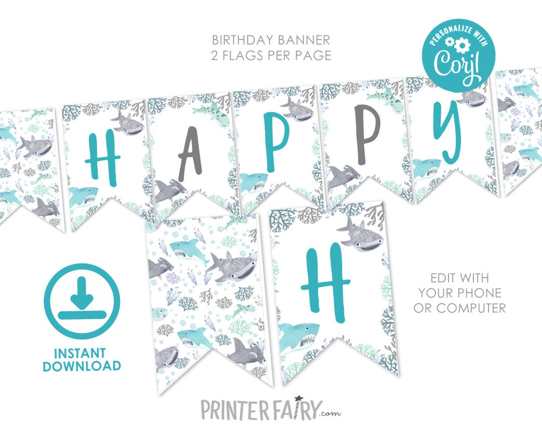 Shark Banner, EDITABLE, Shark Birthday Party, Under the Sea Birthday ...