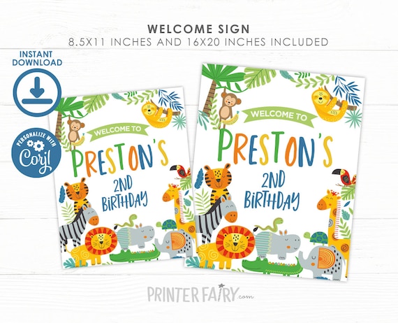 Jungle Welcome Sign, EDITABLE, Safari 1st Birthday Sign, Jungle ...