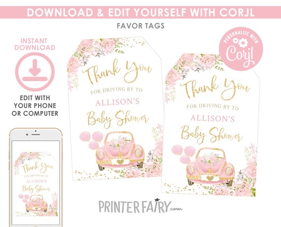 Drive By Baby Shower Favor Tags, Editable Thank You Tags, Baby Shower ...