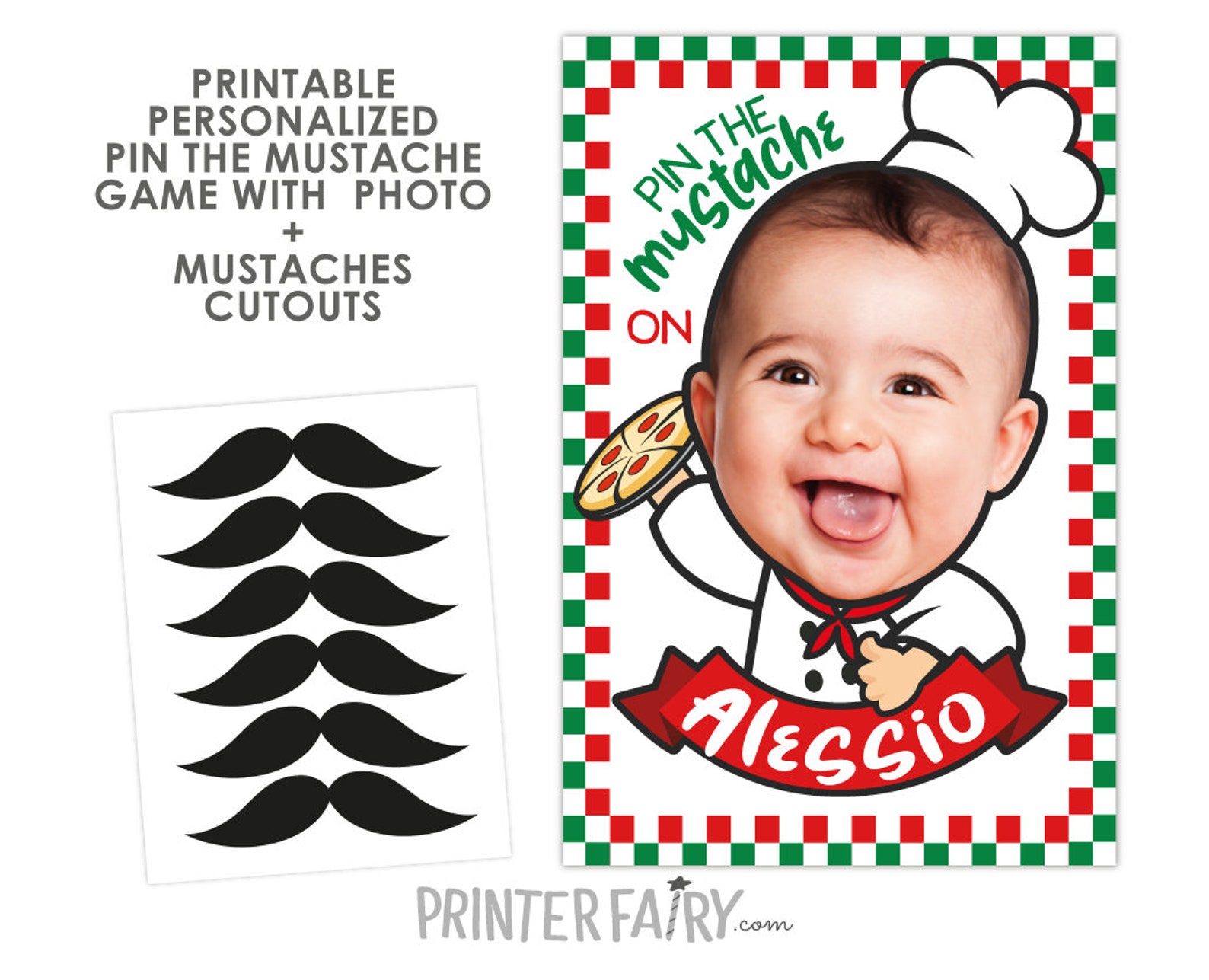 Pin the Mustache Game Pizza Birthday Party Pizza Party | Etsy