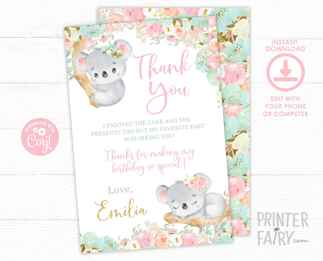 Koala Thank You Cards, EDITABLE, Koala Birthday, Floral Invitation ...