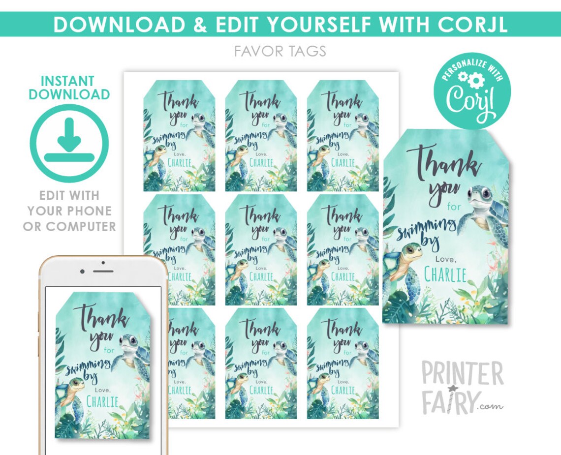 Sea Turtle Birthday Favor Tags, Under the Sea Editable Party Favors ...