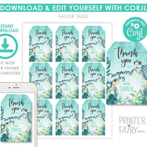 Sea Turtle Birthday Favor Tags, Under the Sea Editable Party Favors ...