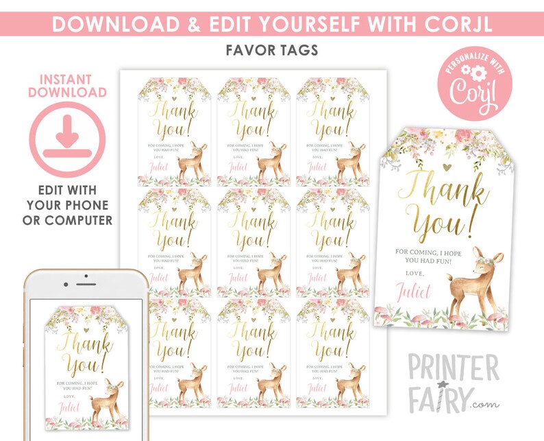 Deer Favor Tags Editable Printable Template, Instant Download - Etsy