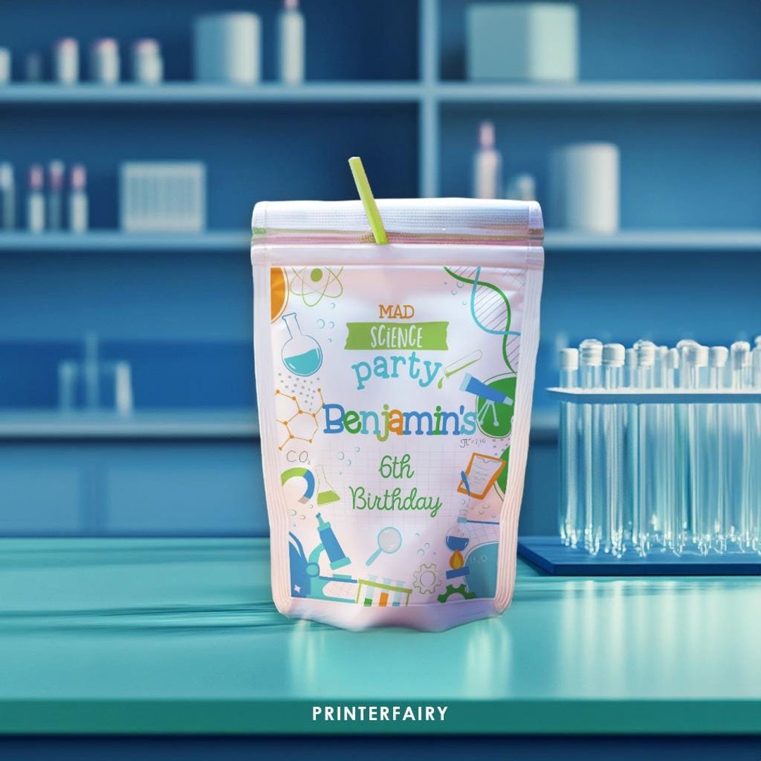 Science Birthday Party Drink Pouch Label, EDITABLE, Science Theme Party ...