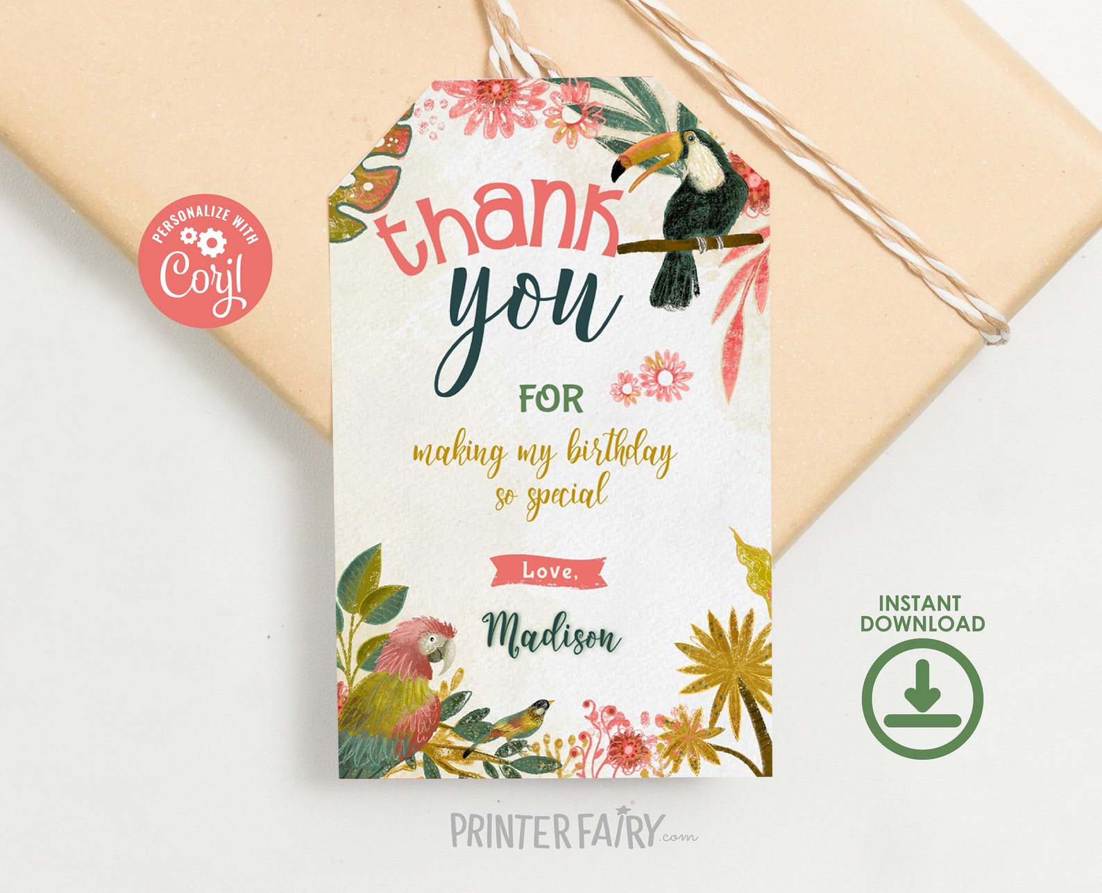 Tropical Birds Birthday Favor Tags, EDITABLE, Tropical Birthday Thank ...