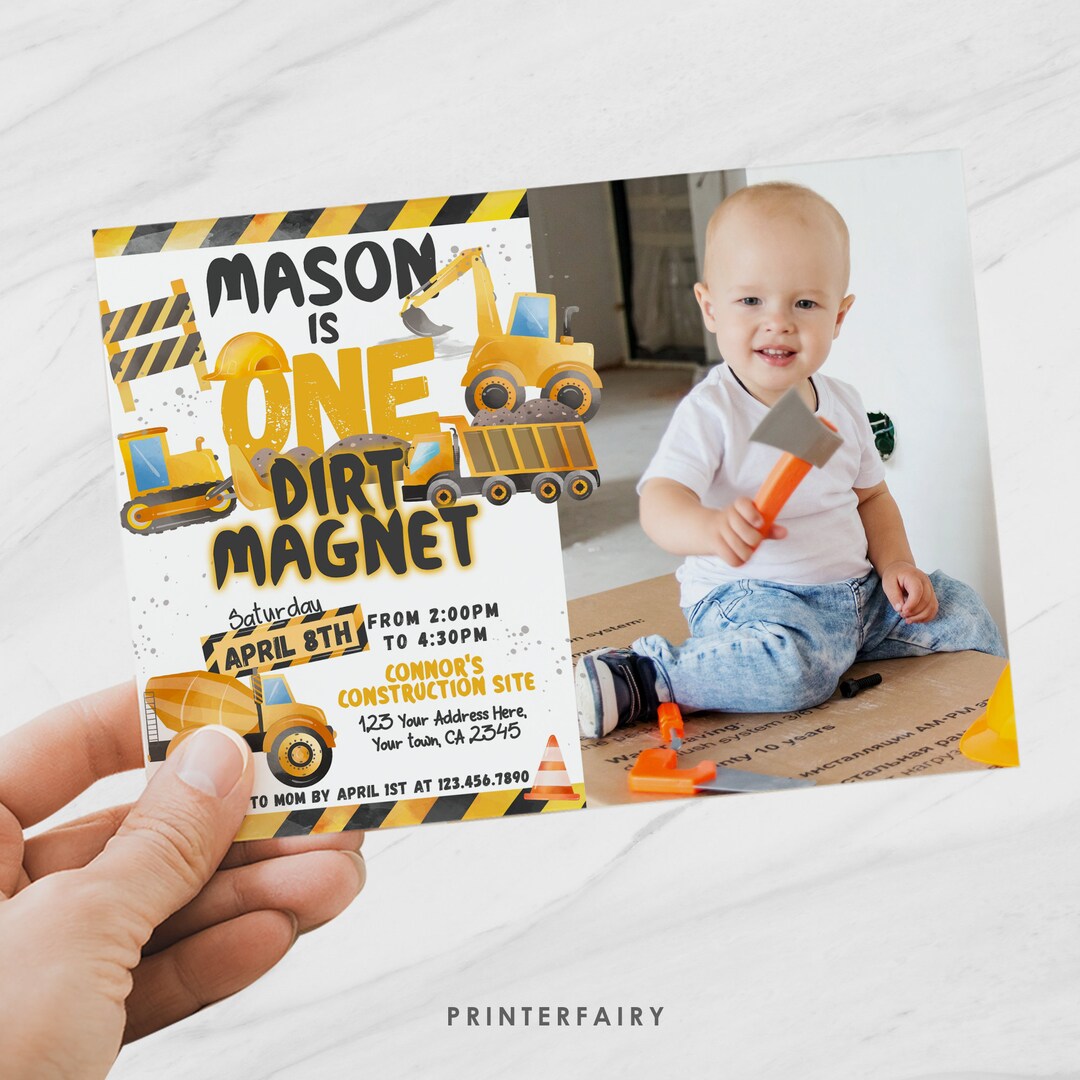Construction First Birthday Invitation With Photo, Under Construction ...