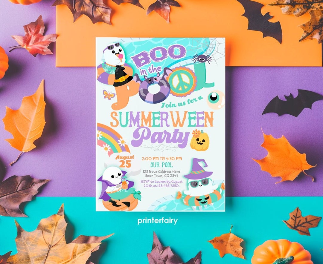 Summerween Party Invitation, Editable Pool Party Invitation, Retro ...