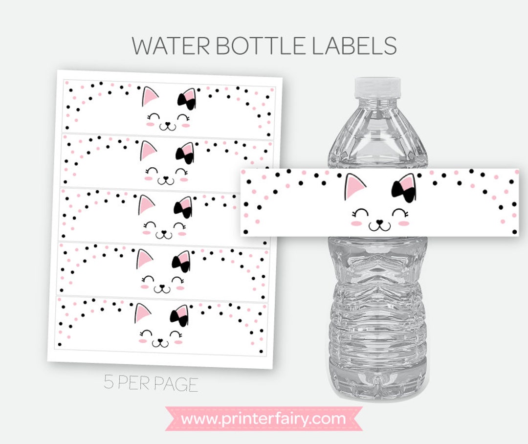 Kitty Cat Water Bottle Labels, Printable Digital Labels, Pink and Black ...