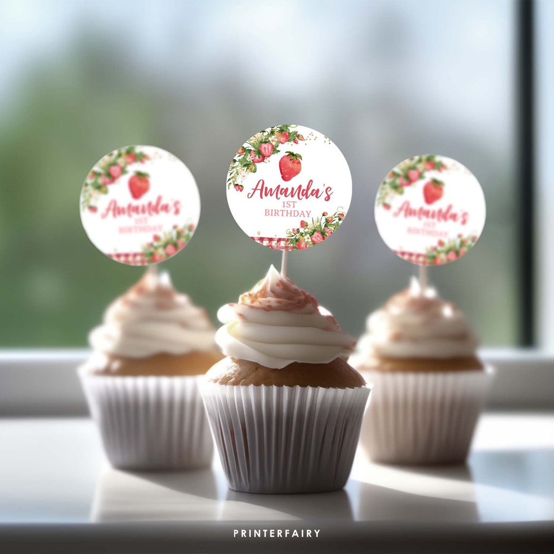 Editable Strawberry Toppers, Fruit Birthday Party Favor Tags (instant ...