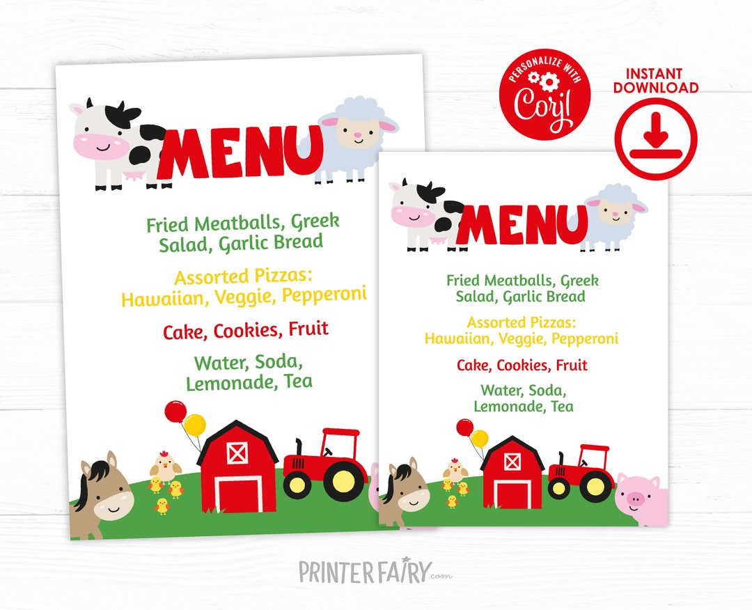 Farm Birthday Party Menu Editable Farm Animals Dinner Menu - Etsy