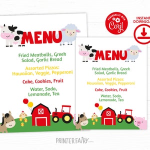 Farm Birthday Party Menu, Editable, Farm Animals Dinner Menu, Barnyard ...