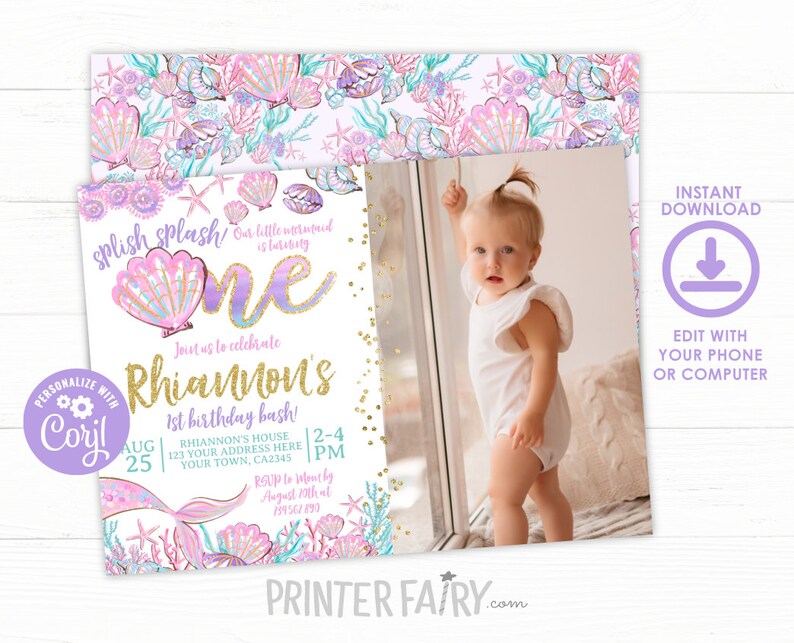 Mermaid 1st Birthday Invitation With Photo Under the Sea - Etsy