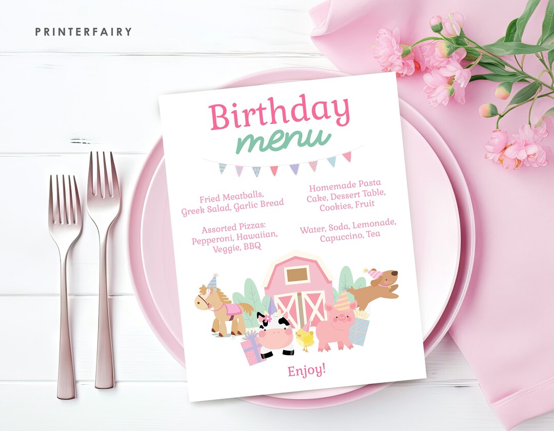 Farm Birthday Party Menu, Editable, Cute Farm Animals, Farm Birthday ...