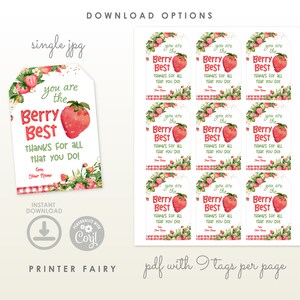 Berry Best Teacher Appreciation Tag, Strawberry Thank You Tag, Editable ...