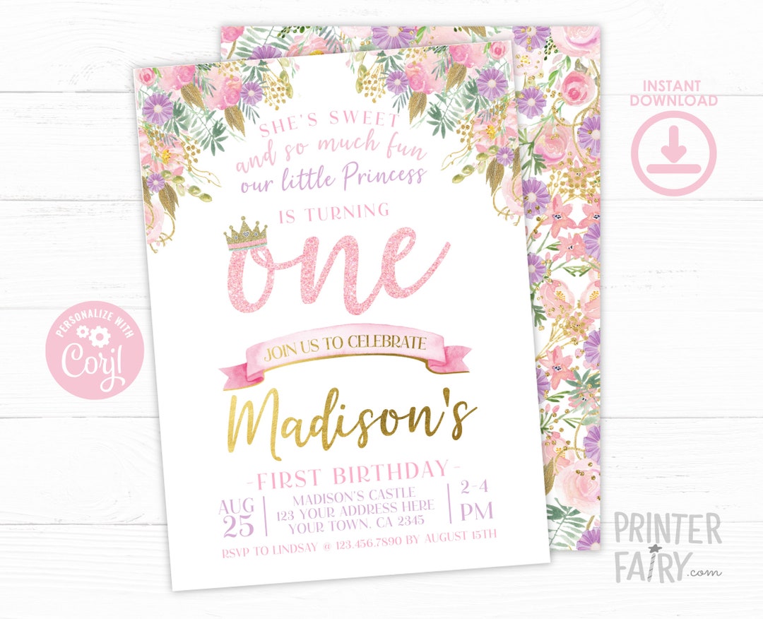 Princess First Birthday Invitation EDITABLE Royal Birthday - Etsy