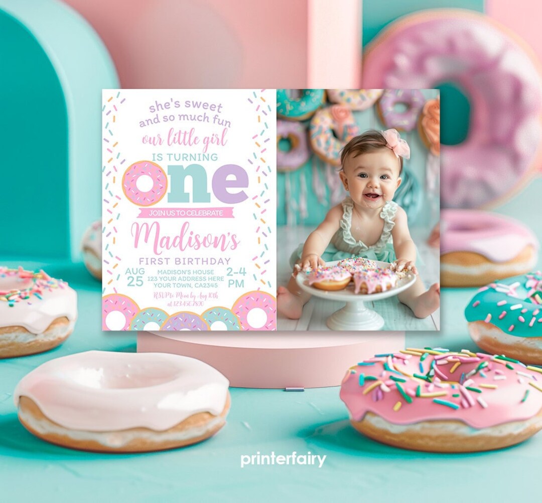 Donut First Birthday Invitation With Photo, Editable Template (digital ...