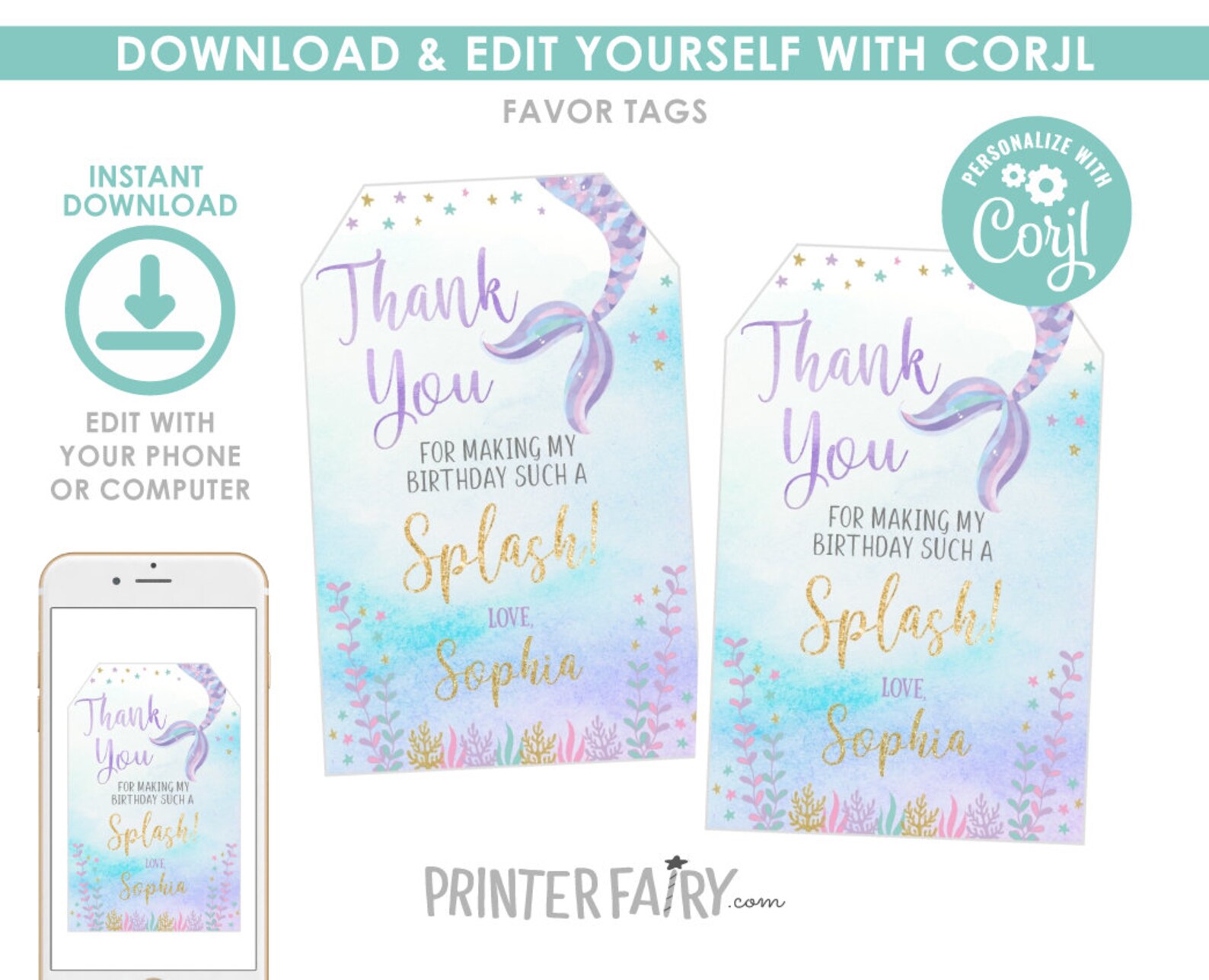 Mermaid Favor Tags EDITABLE Under the Sea Birthday Party | Etsy