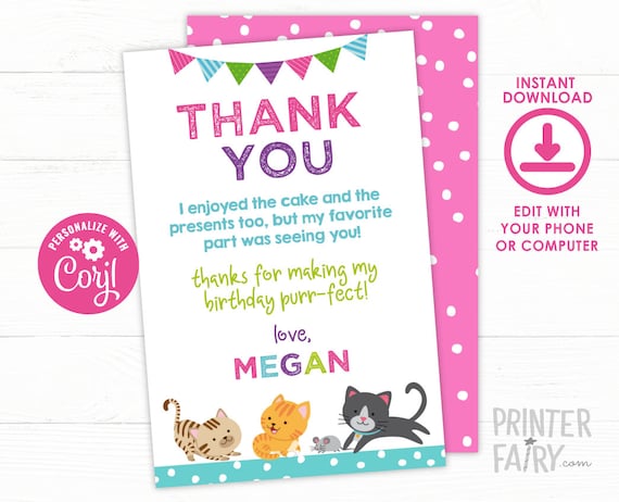 Kitty Cat Thank you Card, EDITABLE, Kitten Thank You Note, Cat Birthday ...