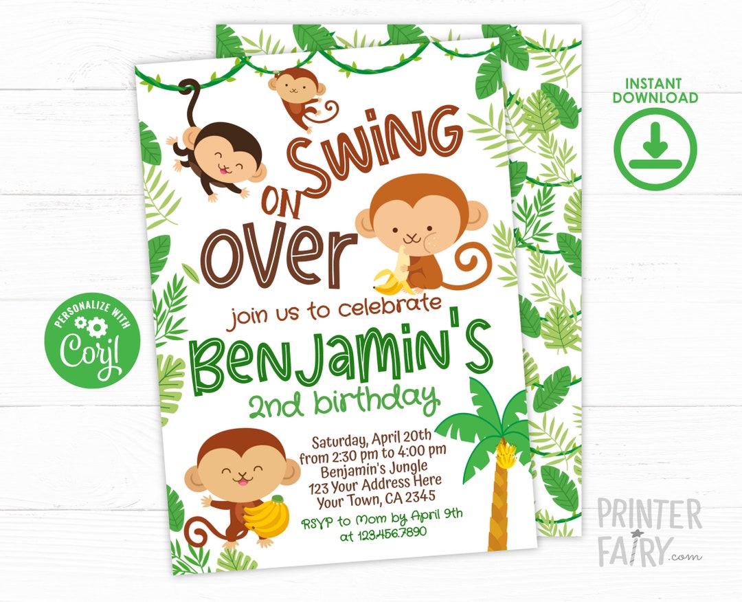 Monkey Birthday Invitation, EDITABLE Monkey 1st Birthday Invitation ...