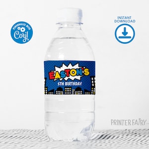 Superhero Water Bottle Label, Editable, Little Superhero Party Water ...
