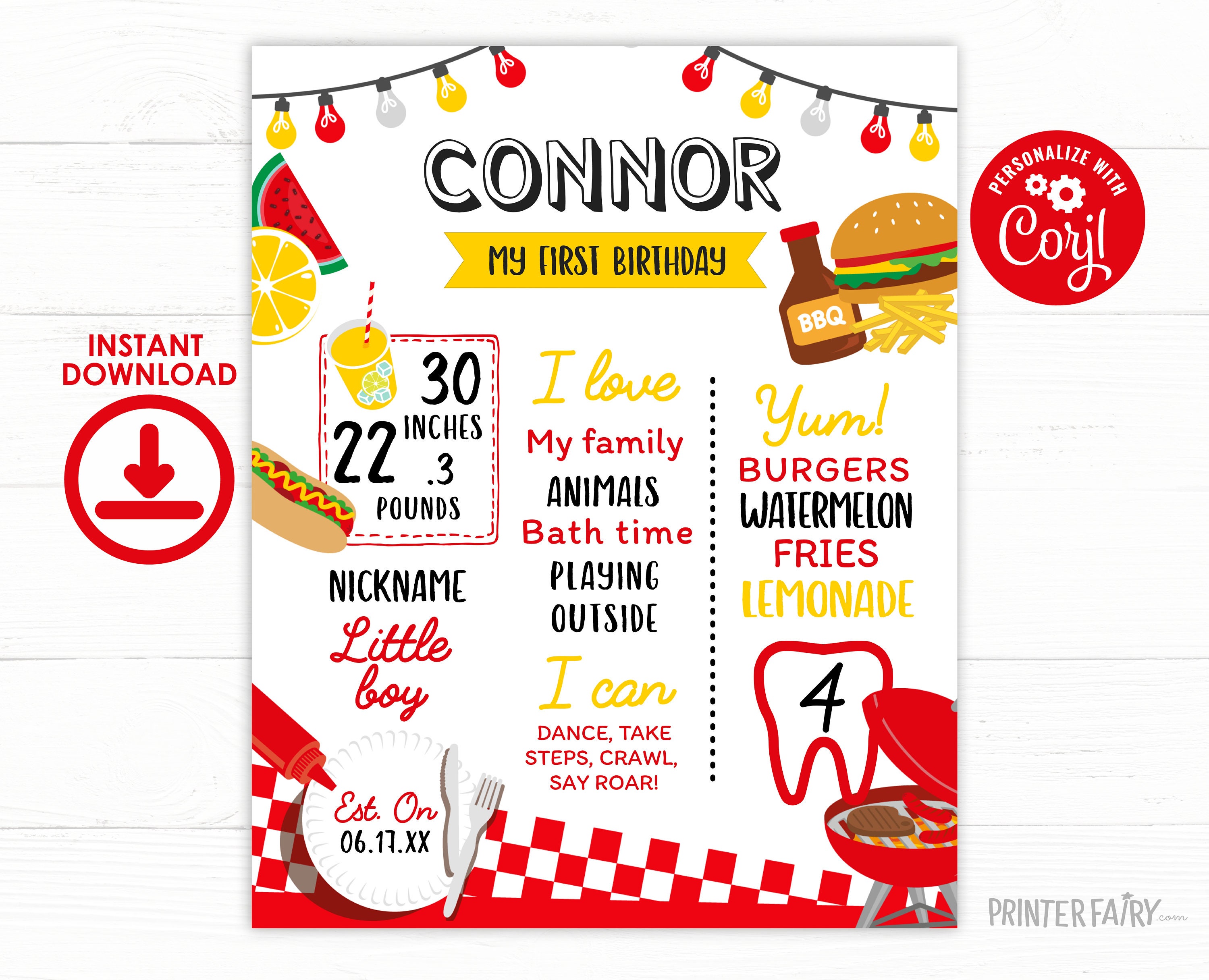 BBQ First Birthday Stats Sign Editable Template, Digital Printable ...