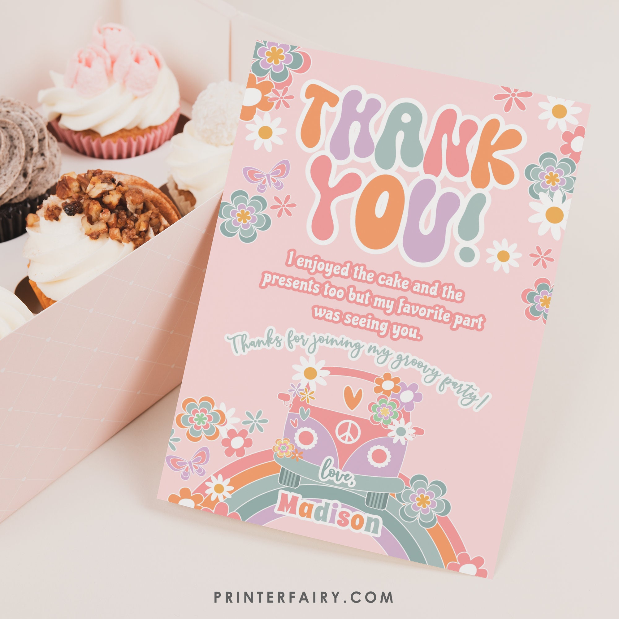 Editable Groovy One Thank You Card Hippie Party Daisy Birthday Thank ...