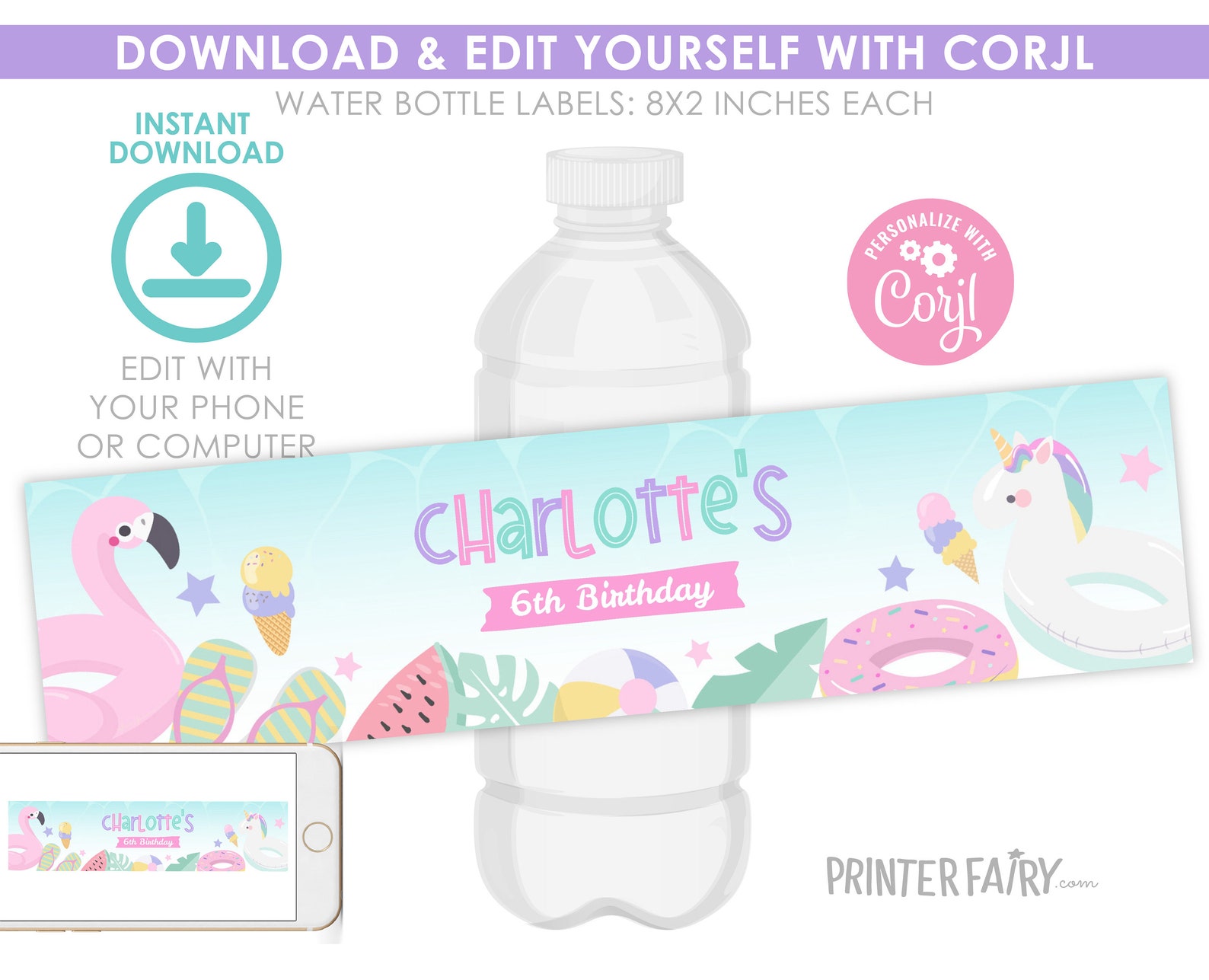 Pool Birthday Party Water Bottle Label, EDITABLE, Summer Birthday Party ...