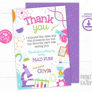 Science Birthday Party Thank You Card, EDITABLE, Science Theme Party ...