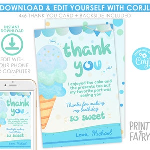 Ice Cream Birthday Thank You Card, EDITABLE, Ice Cream Party, Summer ...