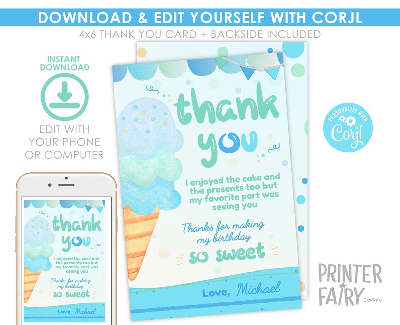 Ice Cream Birthday Thank You Card EDITABLE Ice Cream Party - Etsy