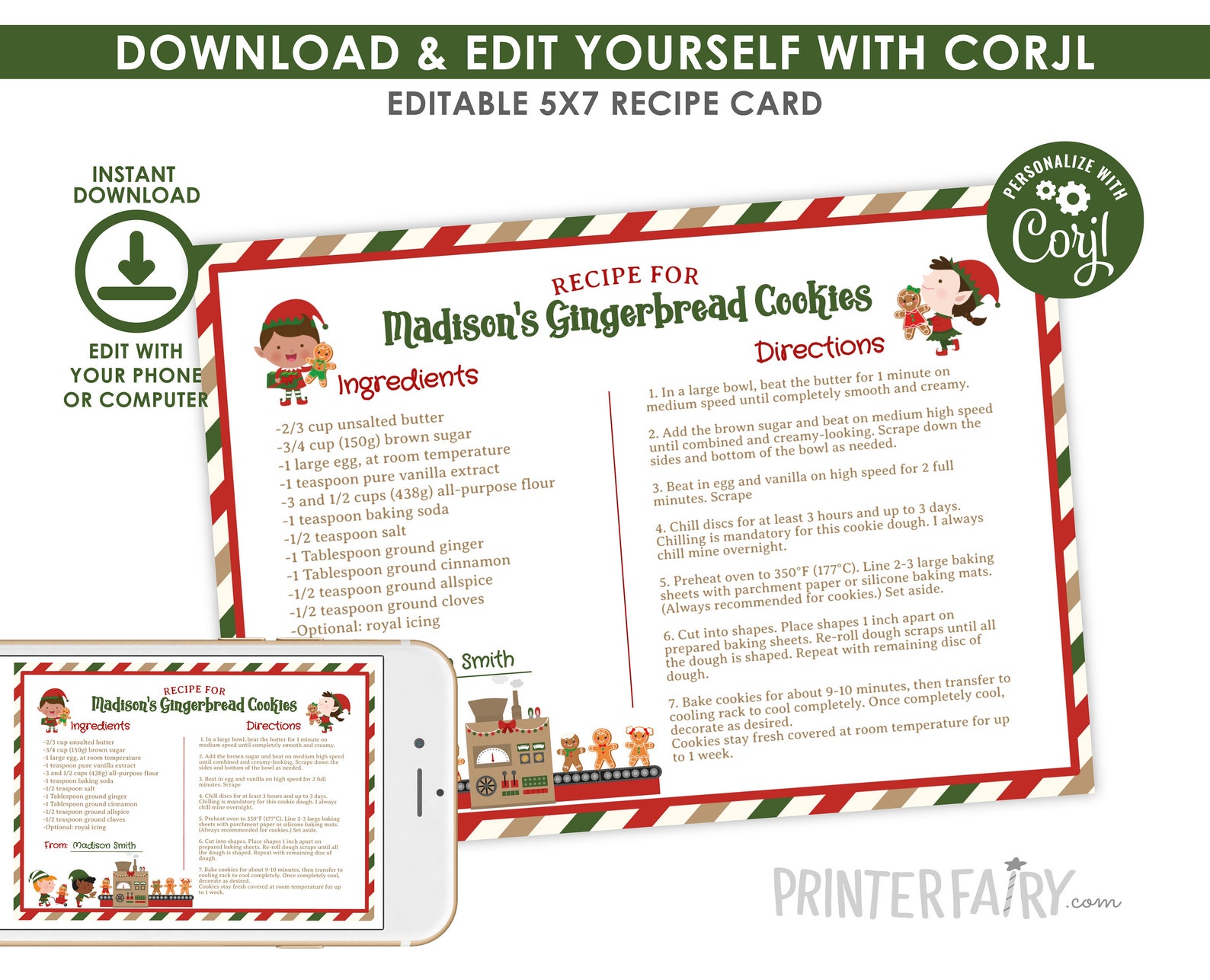 Christmas Recipe Card, EDITABLE, Cookie Exchange Party, Cookie Recipe ...
