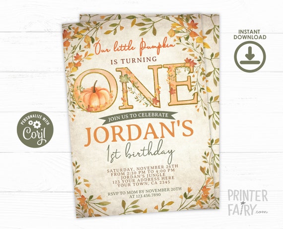 Little Pumpkin First Birthday Invitation, EDITABLE Pumpkin Invitation ...