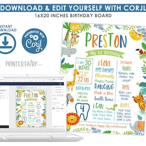 Jungle First Birthday Board, EDITABLE, Safari 1st Birthday Sign, Jungle ...