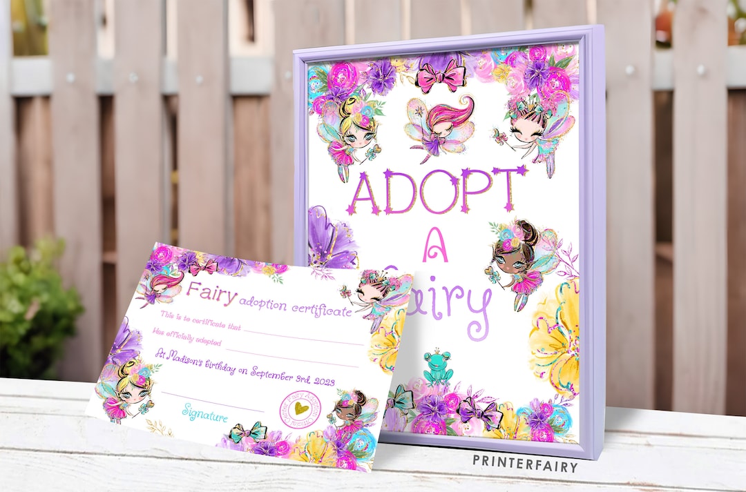 Fairy Adoption Certificate and Sign, Girl Birthday Party Games, Adopt a ...