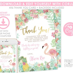 Flamingo Thank You Cards, EDITABLE, Flamingle Birthday Party, Tropical ...