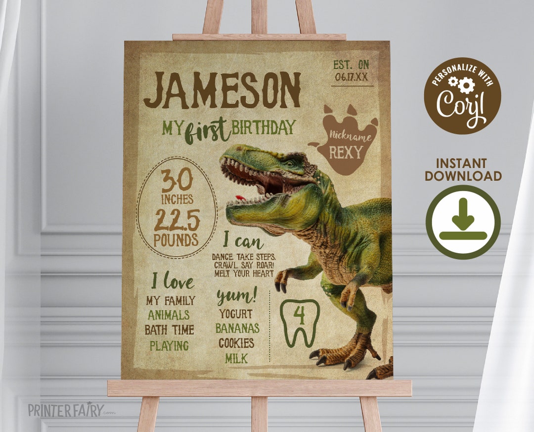 Dinosaur First Birthday Board, EDITABLE Party Sign, Milestones Birthday ...