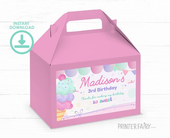 Ice Cream Birthday Gable Box Label, EDITABLE, Ice Cream Party, Summer ...