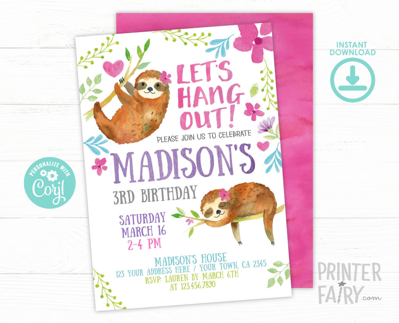 Sloth Invitation EDITABLE Sloth Birthday Invitation Bear - Etsy
