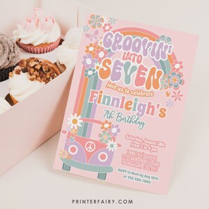 Editable Groovin Into Seven Groovy Invitation 7th Birthday Daisy ...