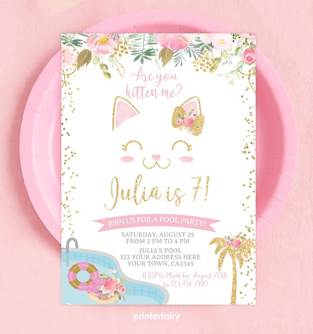 Floral Kitty Cat Pool Party Invitation – Girls Birthday, Editable ...