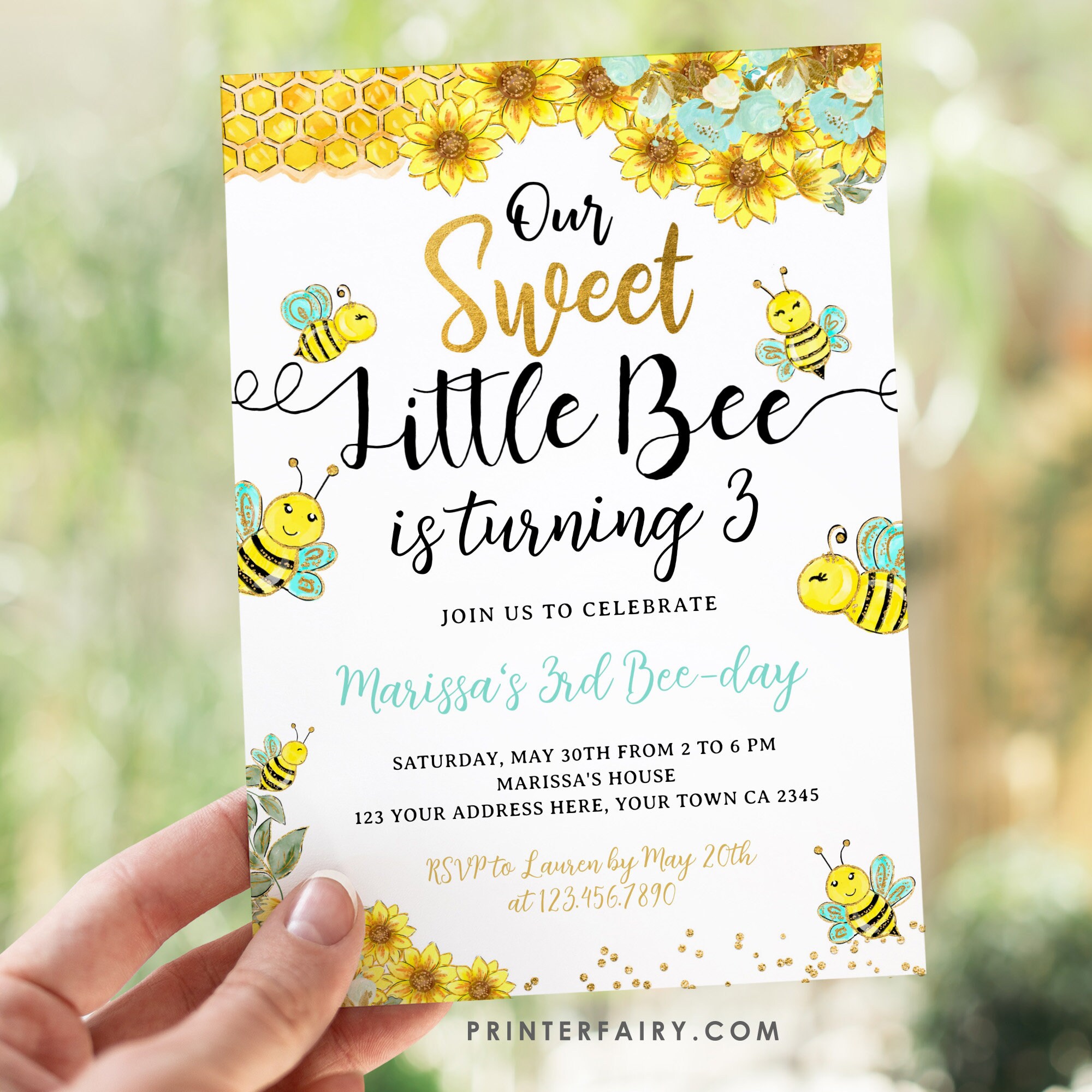 Sunflower Bee Birthday Invitation, Editable Bee-day Party (instant ...